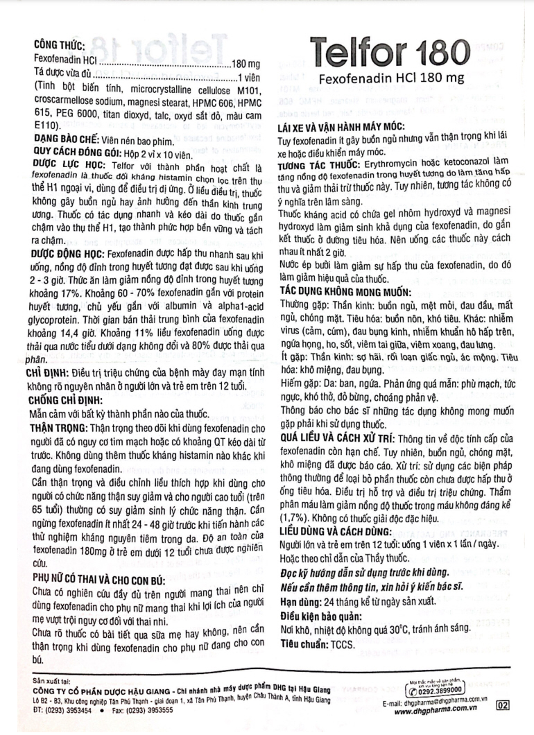 Fexofenadine có trong Telfor – An toàn trong điều trị viêm mũi dị ứng ...
